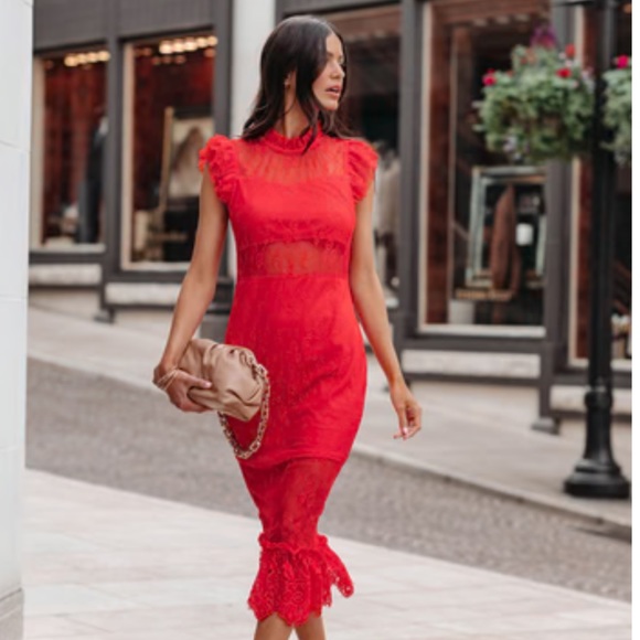 Vici | Dresses | Saige Sheer Lace Midi Dress Red | Poshmark